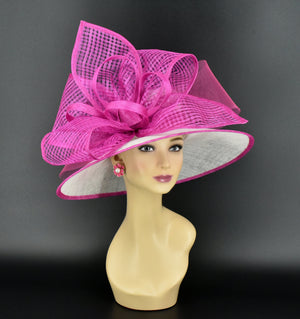 M22021( White Fuchsia ) Kentucky Derby hat, Wedding hat, Easter hat, R