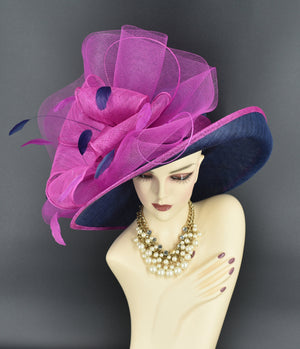 M22020( Navy Fuchsia hat)Kentucky Derby hat, Wedding hat, Royal Ascot